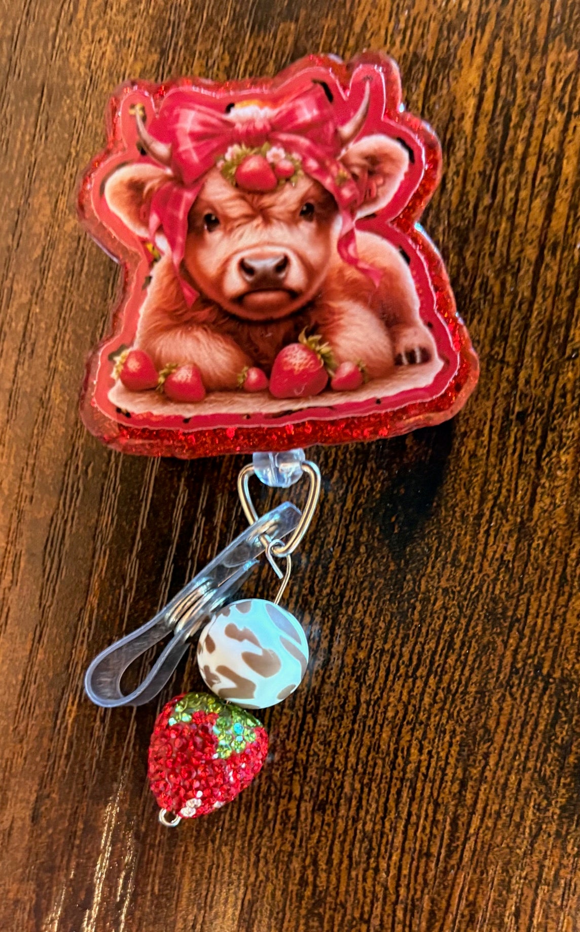 Strawberry Cow Badge Reel – Cute Glitter Nurse Badge Holder with Retra ...